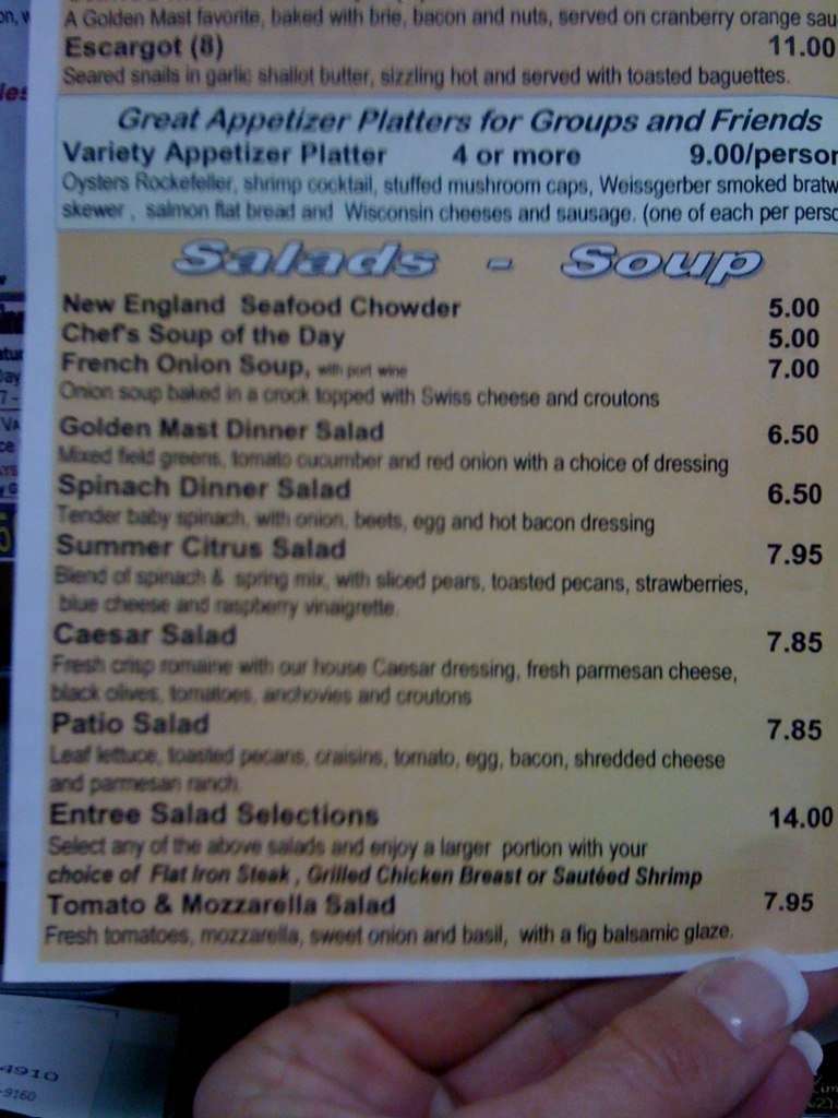 Menu at Golden Mast Inn pub & bar, Okauchee Lake