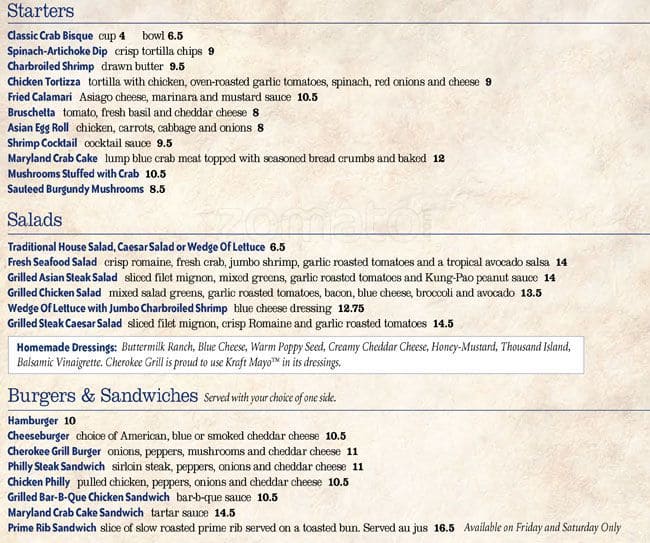 Menu at Cherokee Grill and Steakhouse, Gatlinburg