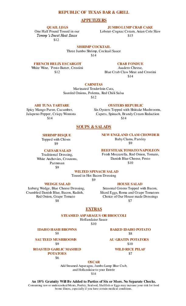 Menu at Republic of Texas Bar & Grill, Corpus Christi