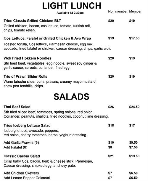 Menu at Trios Sports Club, Cranbourne