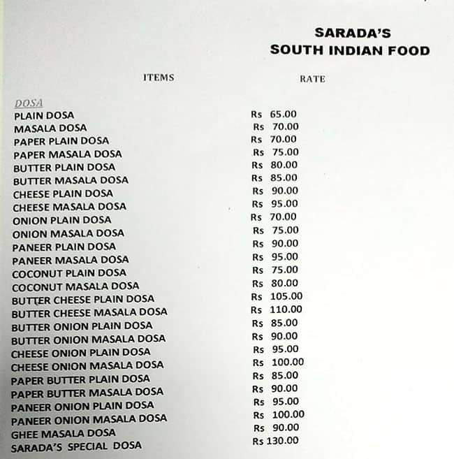 Menu of Sarada'S, Garia, Kolkata