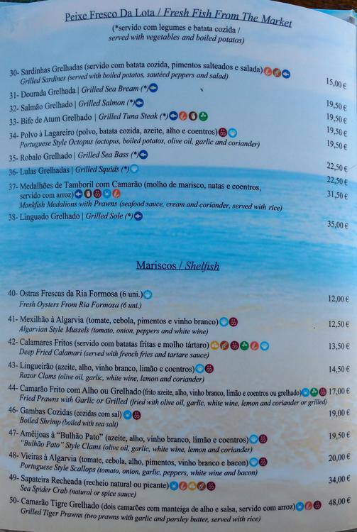 Menu em Restaurante Rocha Baixinha, Quarteira