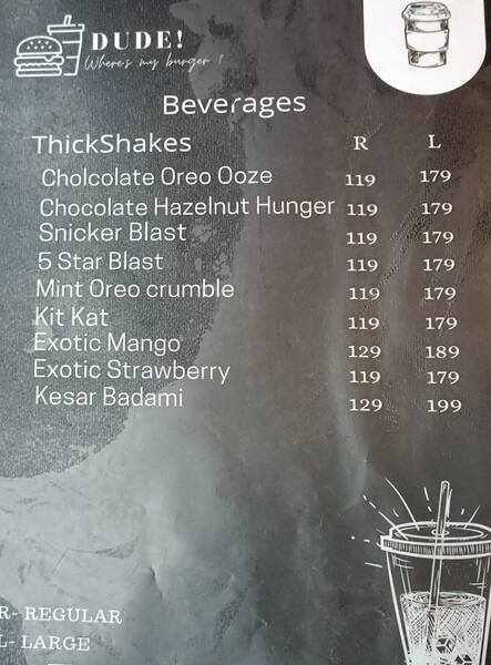 Menu at DUDE where's my burger?, Hyderabad