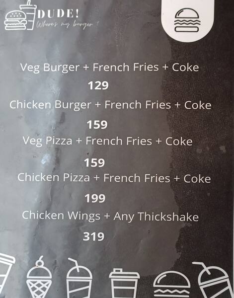 Menu at DUDE where's my burger?, Hyderabad