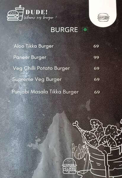 Menu at DUDE where's my burger?, Hyderabad