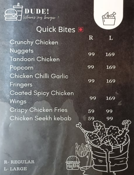 Menu at DUDE where's my burger?, Hyderabad