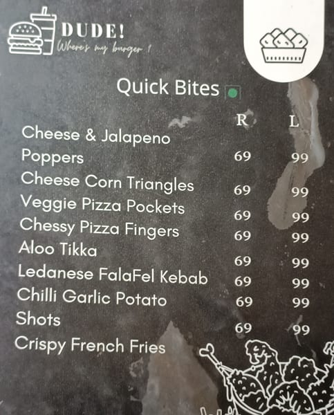 Menu at DUDE where's my burger?, Hyderabad