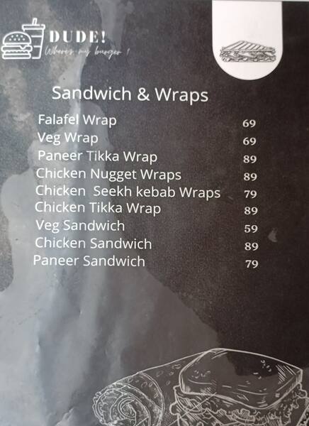 Menu at DUDE where's my burger?, Hyderabad