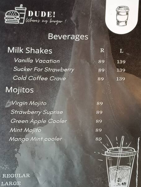 Menu at DUDE where's my burger?, Hyderabad