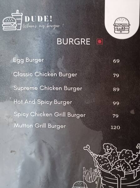 Menu at DUDE where's my burger?, Hyderabad