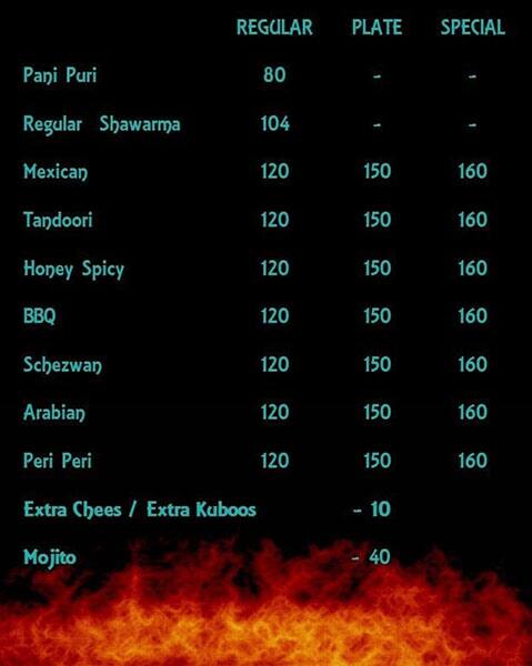 Menu at Tardis shawarma, Chennai