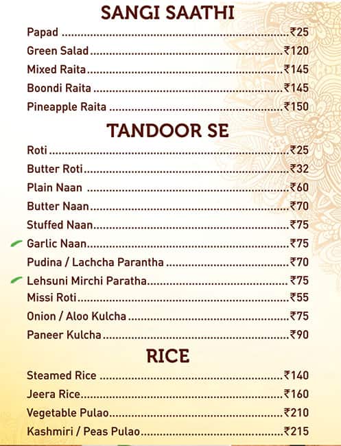 Menu at Sagar Ratna, Jabalpur