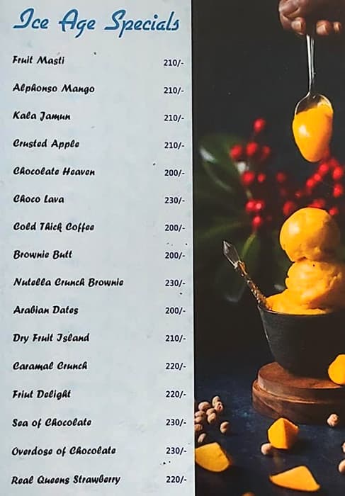 Menu of Ice Age, Siripuram, Vizag