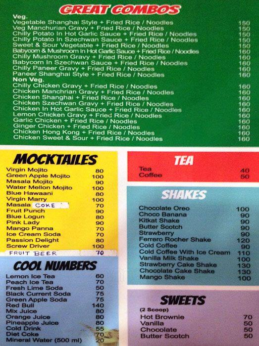 Menu at Route 66, New Delhi