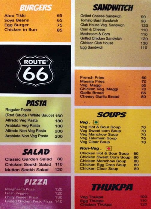 Menu at Route 66, New Delhi