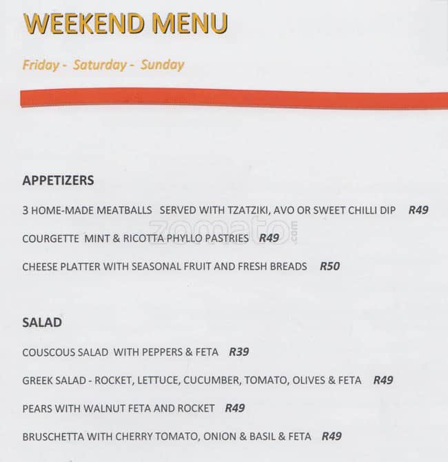 Menu at Mish Mash restaurant, Johannesburg