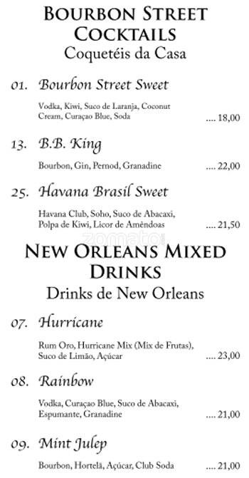 Menu at Bourbon Street Music Club, São Paulo