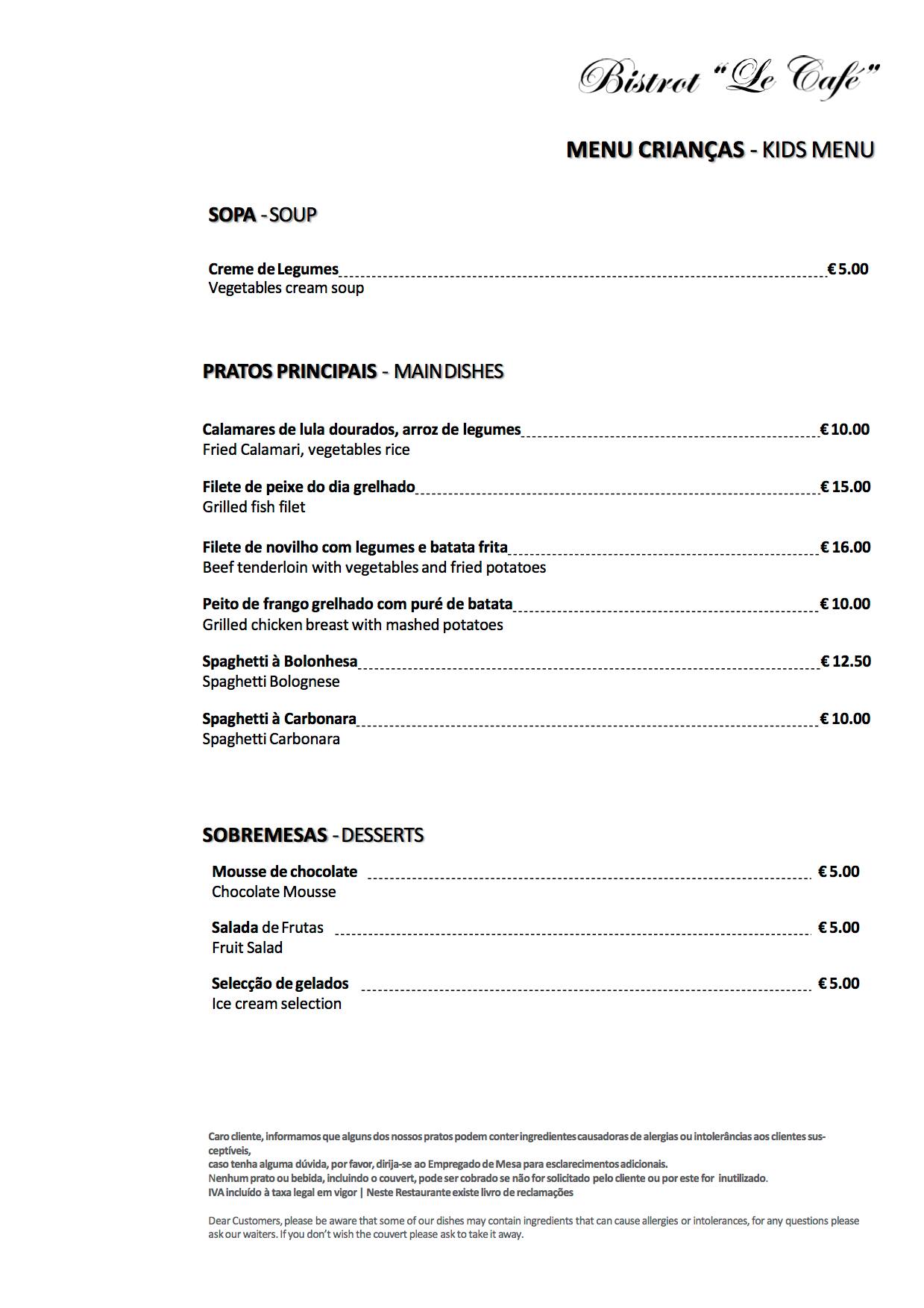 Menu at Bistrot Le Café - Hotel Dom Pedro Lisboa, Lisbon