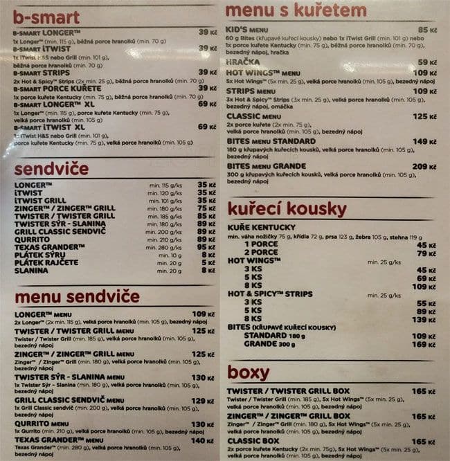 KFC Menu, Menu podniku KFC, Dejvice, Praha 6 - Lunchtime/Zomato