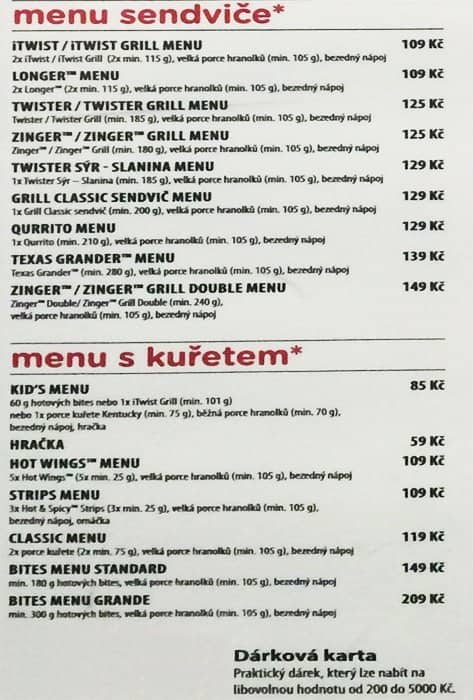 Menu at KFC fast food, Prague, Kaprova