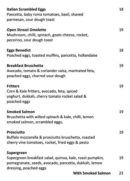 Menu at Strozzi restaurant, Melbourne