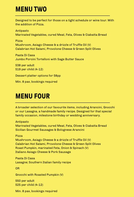 Menu at Killara Estate Vineyard and Cellar Door restaurant, Seville