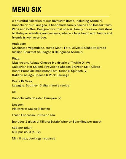 Menu at Killara Estate Vineyard and Cellar Door restaurant, Seville