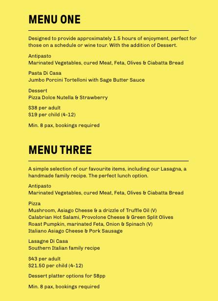 Menu at Killara Estate Vineyard and Cellar Door restaurant, Seville