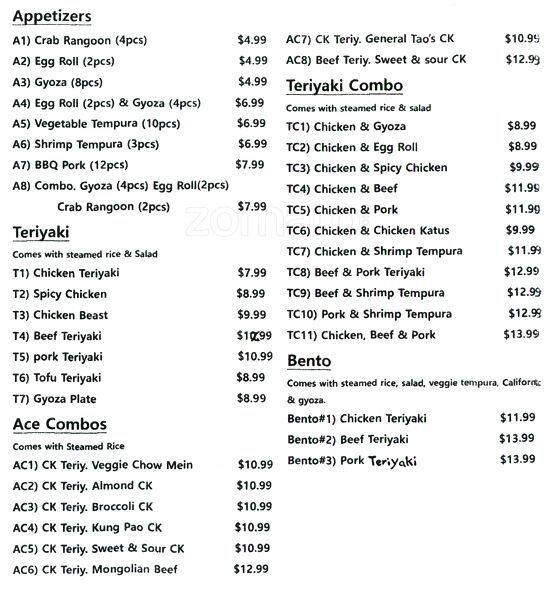 Menu at Ace Teriyaki restaurant, Port Orchard