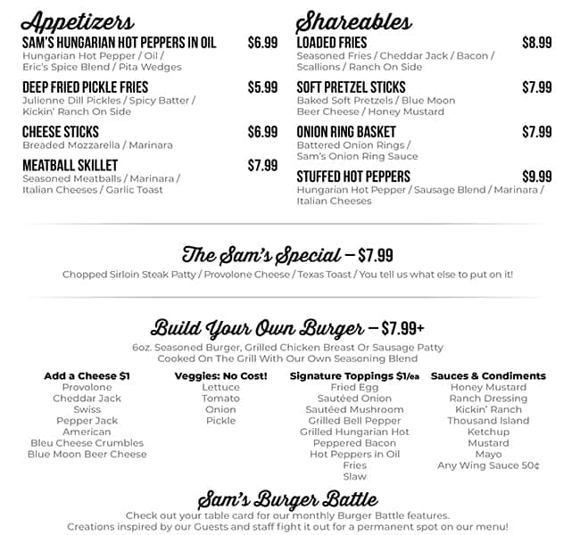 Menu at Sam's Wedge Inn pub & bar, Austintown
