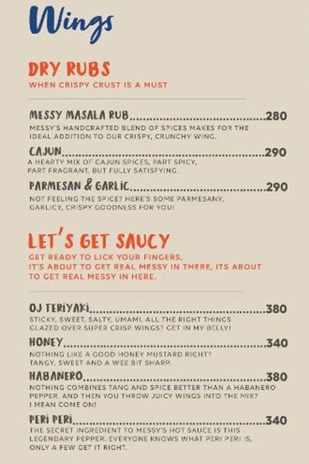 Menu of Messy Burgers & Wings, Juhu, Mumbai