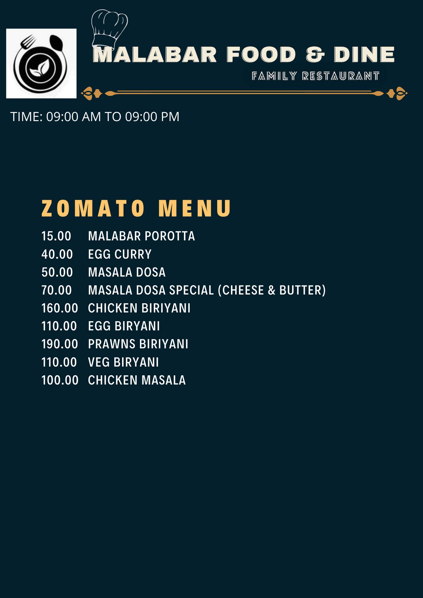 Menu of Malabar Food And Dine, Kalyan, Thane