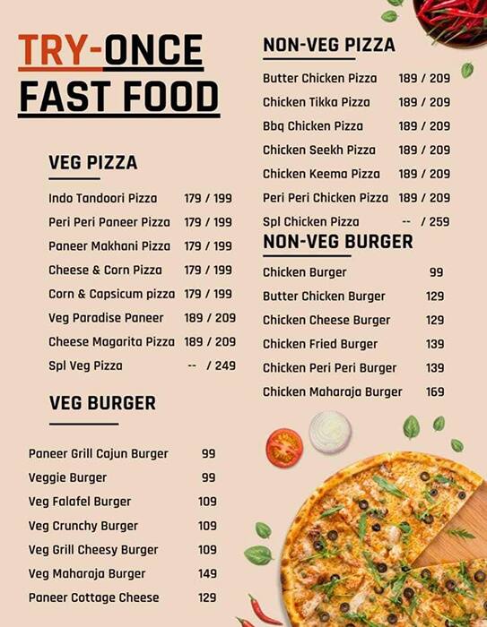Menu of Try Once Fast Food, Punjabi Bagh, New Delhi