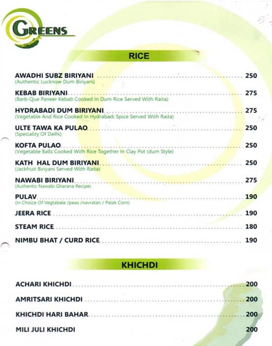 Menu at Hotel Greens, Mumbai, Lamington Rd
