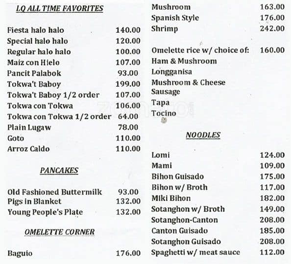 Menu at Little Quiapo Soda Fountain & Restaurant, Parañaque