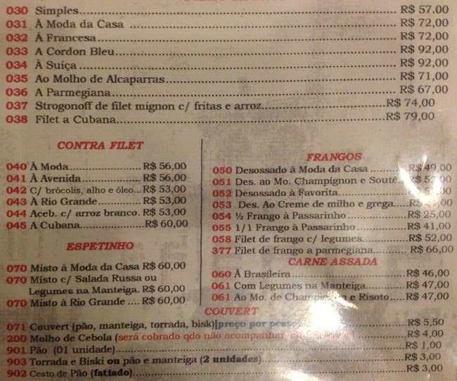 Menu at Ao Bar Guanabara, São Paulo