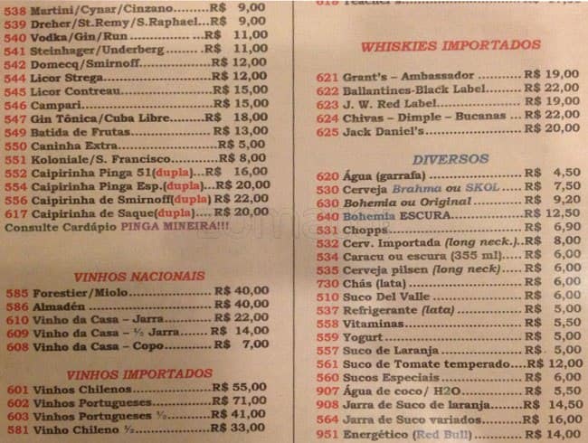 Menu at Ao Bar Guanabara, São Paulo