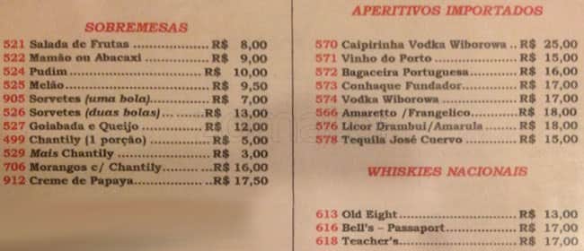 Menu at Ao Bar Guanabara, São Paulo