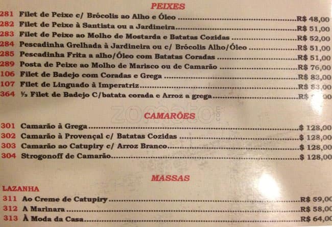 Menu at Ao Bar Guanabara, São Paulo