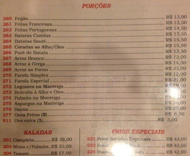 Menu at Ao Bar Guanabara, São Paulo