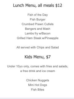 Menu at Pt Chevalier RSA cafe, Auckland