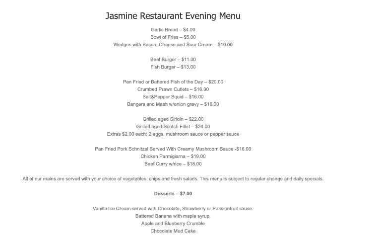 Menu at Pt Chevalier RSA cafe, Auckland