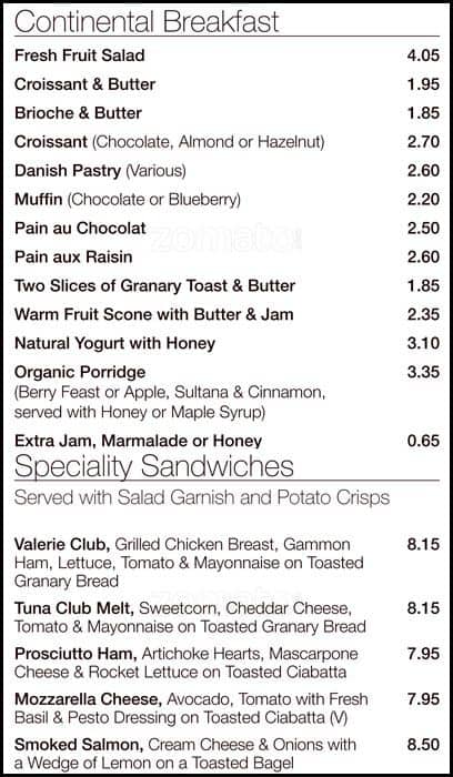 Menu at Patisserie Valerie (Debenhams) cafe, Glasgow, 97 Argyle St