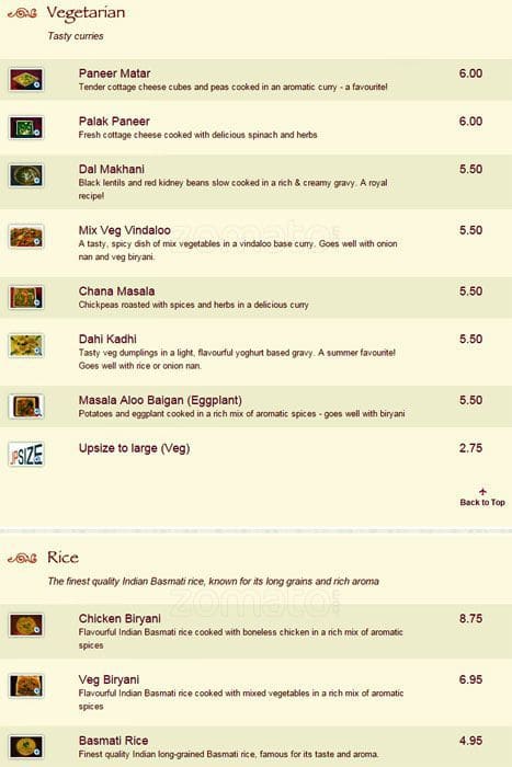 Menu at OH! Bombay restaurant, Oakville, 360 Dundas St E