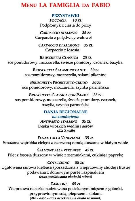 Menu at La Famiglia da Fabio restaurant, Warsaw