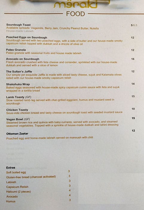 Menu at Meraki Merchants cafe, Parramatta