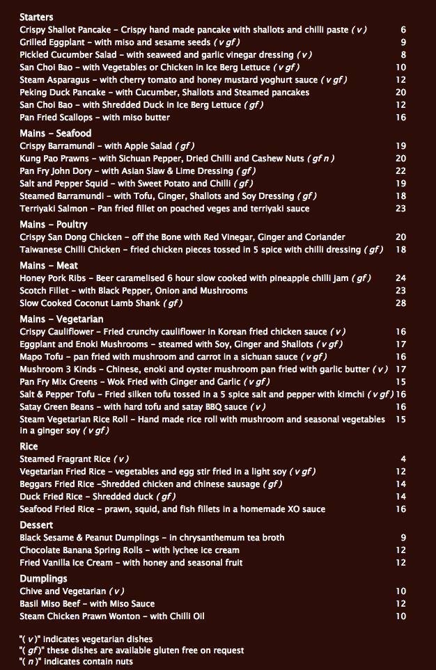 Menu at Mahjong Room restaurant, Surry Hills