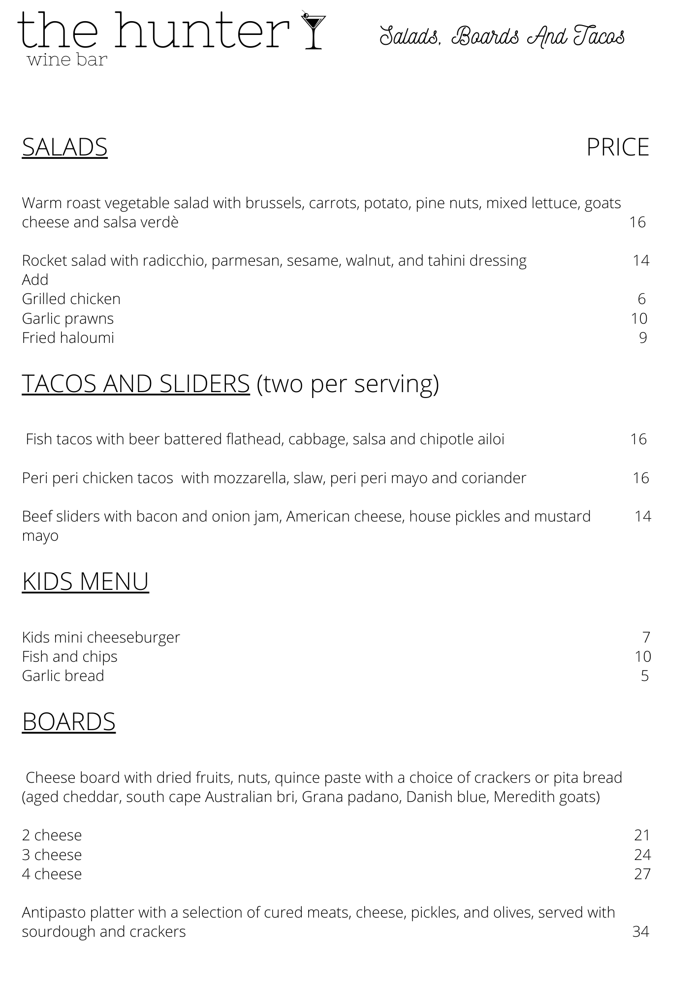 Menu at The Hunter Wine Bar, Mosman