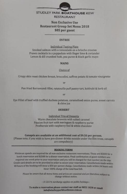 Menu at Studley Park Boathouse cafe, Kew, Studley Park Boathouse