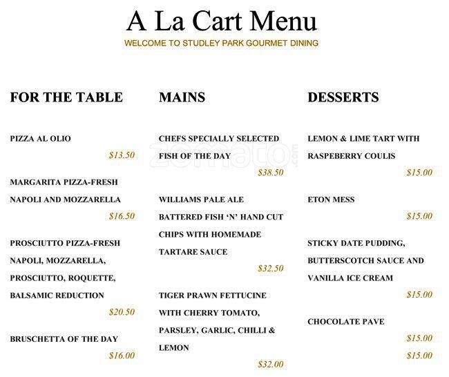 Studley Park Boathouse Menu, Menu for Studley Park Boathouse, Kew ...